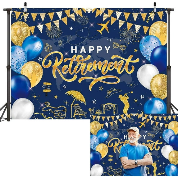 Happy Retirement Backdrop for Men Blue and Gold Retirement Decorations ...