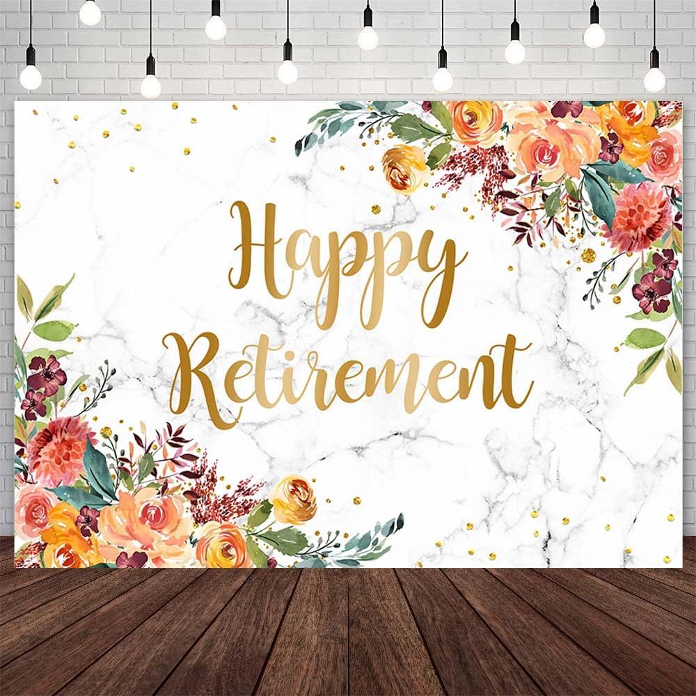 Happy Retirement Backdrop for Women Gold Floral Party Decorations Grain of Marble Official ...