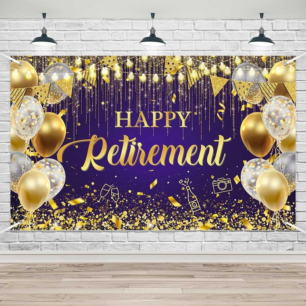 Happy Retirement Banner Purple and Gold Happy Retirement Balloons Photo ...