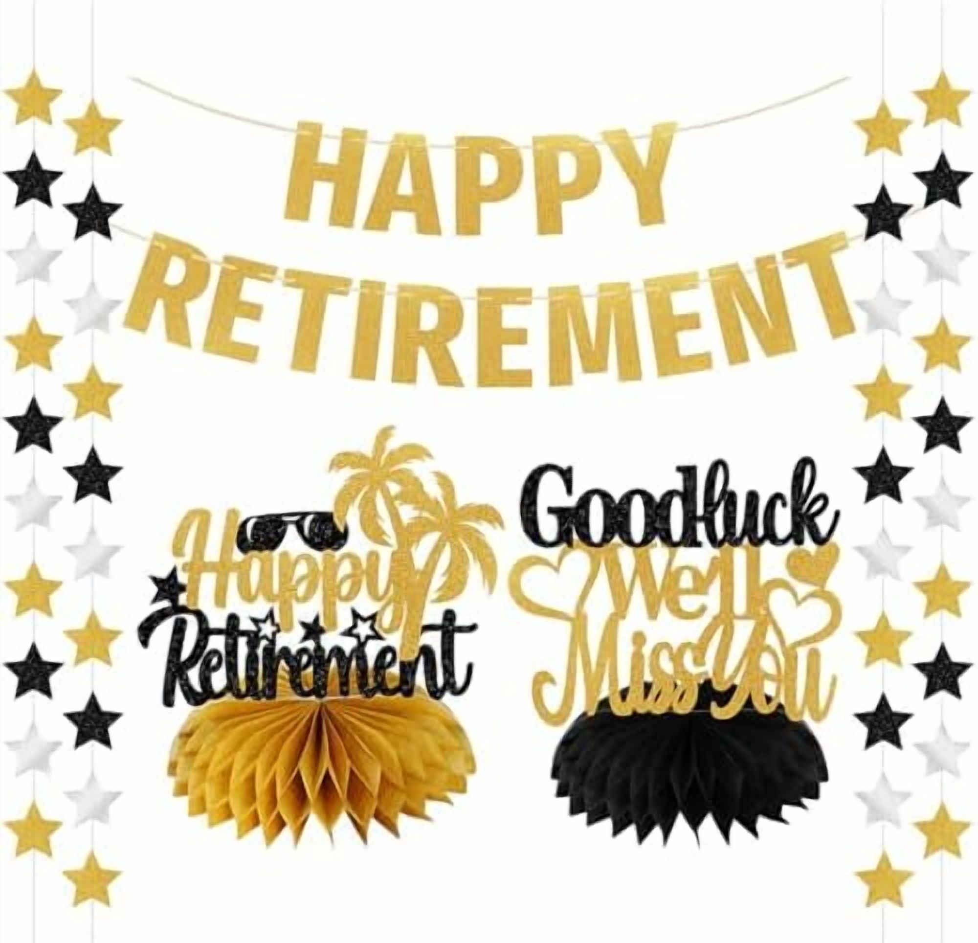 Happy Retirement Decor (Men/Women): 4-Pc gold glitter banner + retired ...
