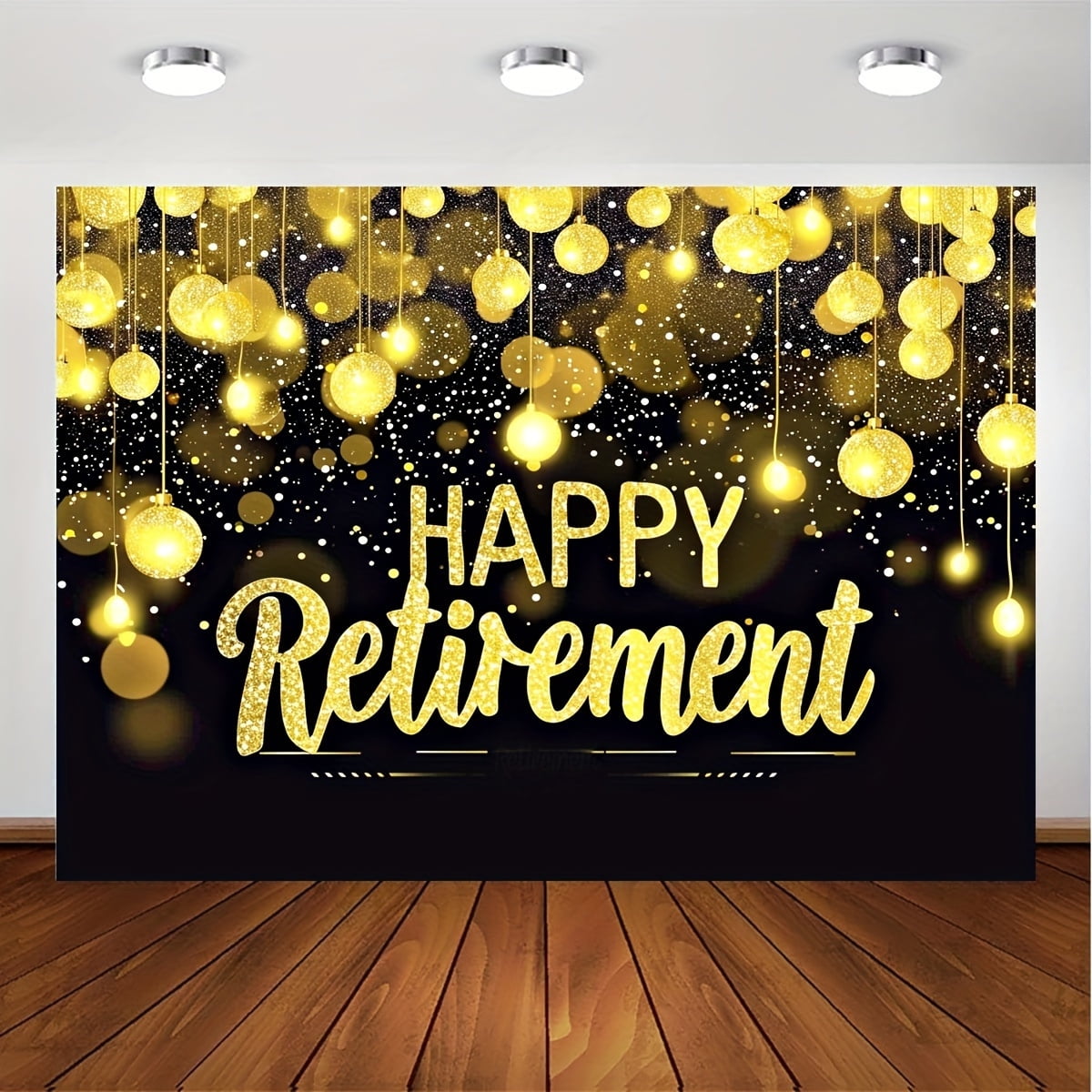 Happy Retirement Party Backdrop - Black & Golden Glitter, Polyester ...