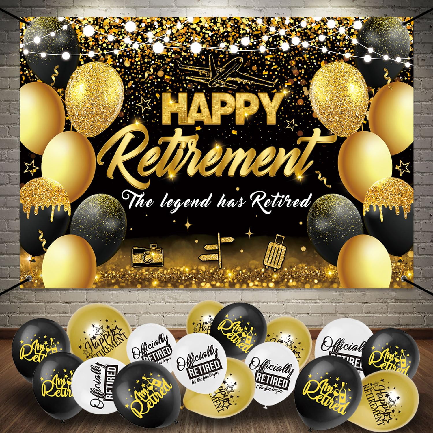 Happy Retirement Party Decorations, Black Gold Retirement Banner 18Pcs ...