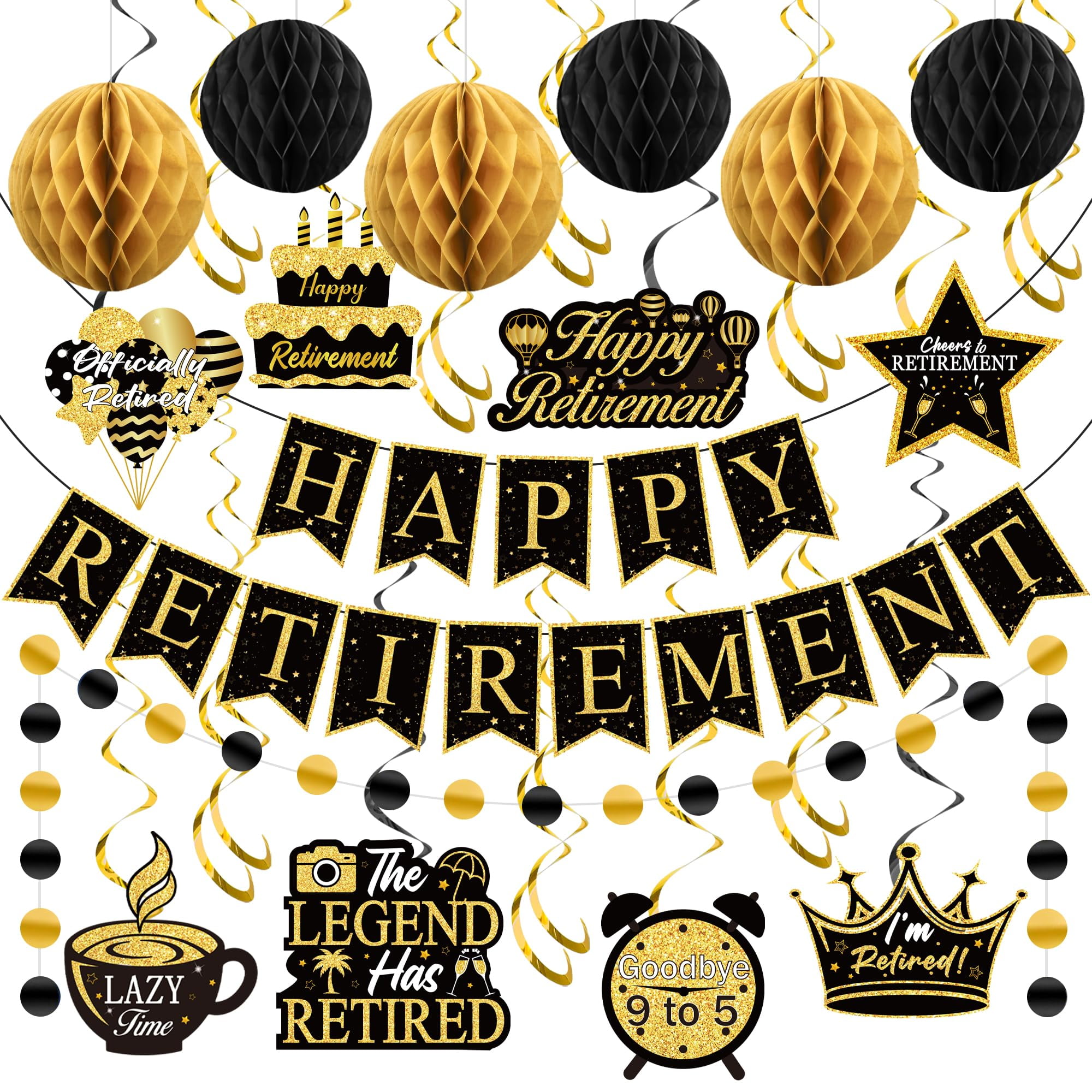 Happy Retirement Party Decorations Kit Black Gold Retirement Banner ...