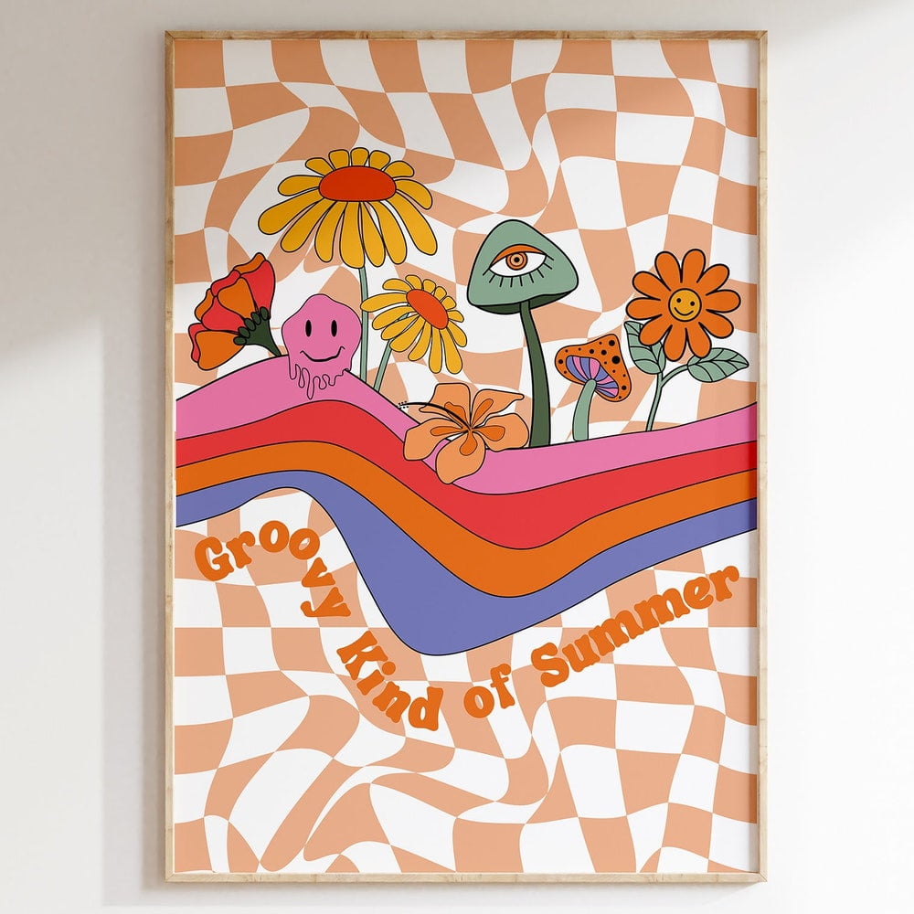 Happy Retro Poster For Girls Room Decor, Colorful Wall Art, Hippie Room ...
