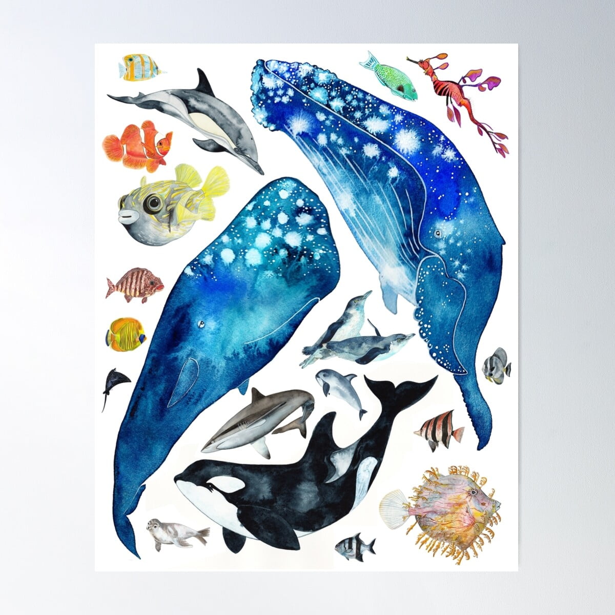 Happy Sea Creatures Poster Wall Art, Modern Wall Decor For Living Room ...