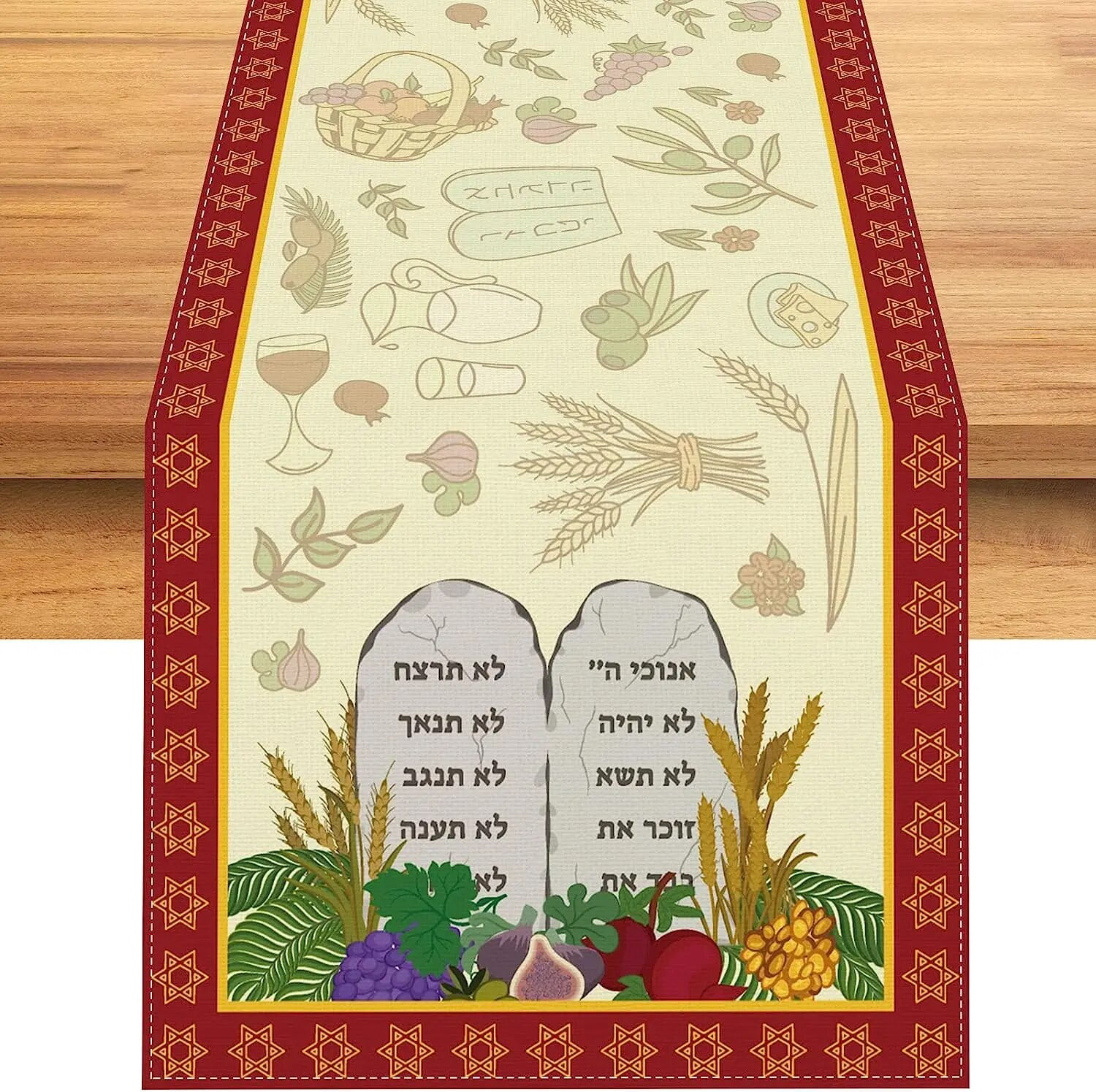 Happy Shavuot Linen Table Runner Jewish Holiday Fig Garnet Grape Wreath ...
