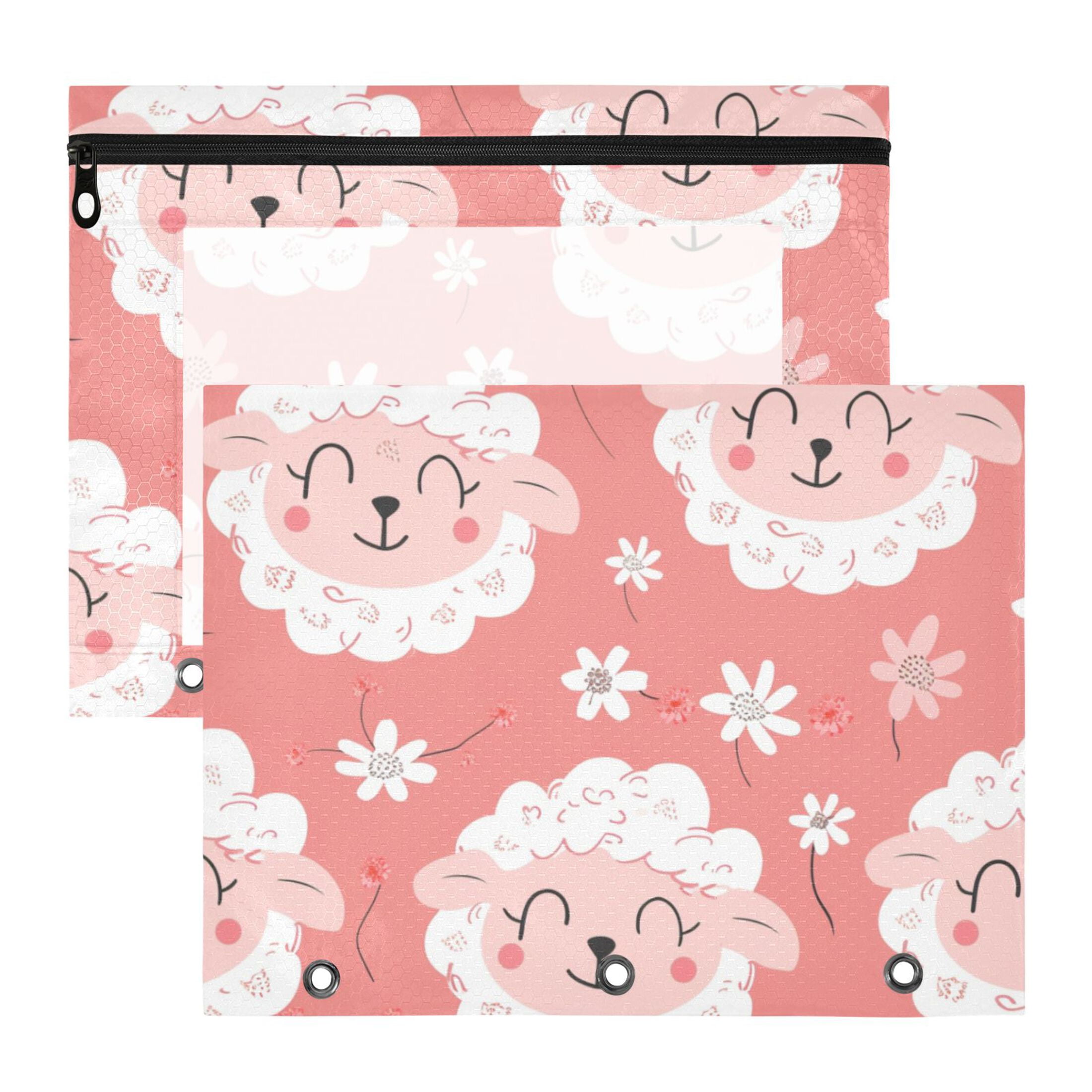 Happy Sheep and Flowers 3-Ring Binder Pouches A4 Size Zipper Pocket ...