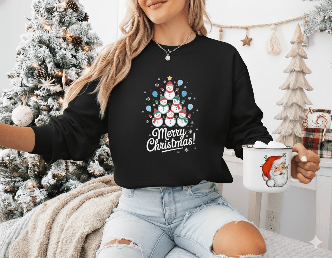Happy Snowman Tree Snowflakes Winter Holiday Fun Smile Sweatshirt, up ...