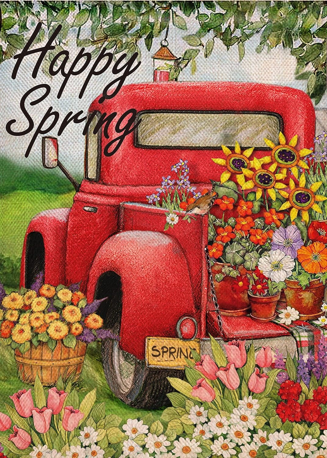 Happy Spring Red Truck Small Garden Flag, Vintage Pickup Yard Outdoor ...