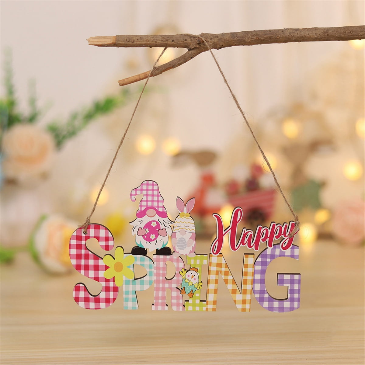 Happy Spring Sign Wooden Hanging Ornaments Colored Plaid Farmhouse ...
