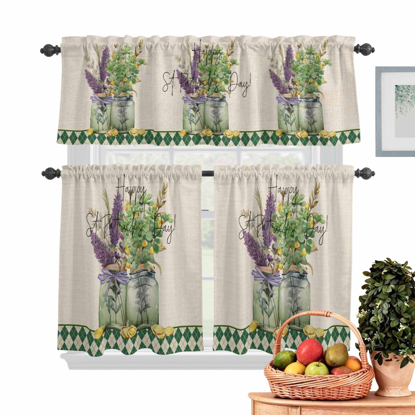 Happy St. Kitchen Curtains Valances 3 Piece Set, Patrick's Day Clover ...
