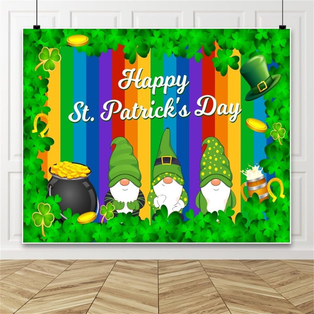Happy St. Patrick's Day Backdrop 7x5Ft Lucky Shamrock Rainbow Gnome ...