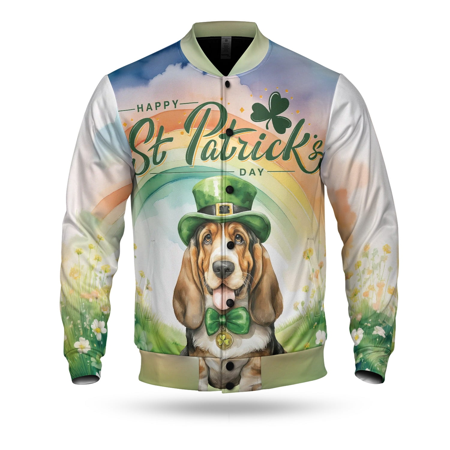 Happy St. Patrick’s Day Basset Hound with Green Hat Shamrocks Rainbow ...