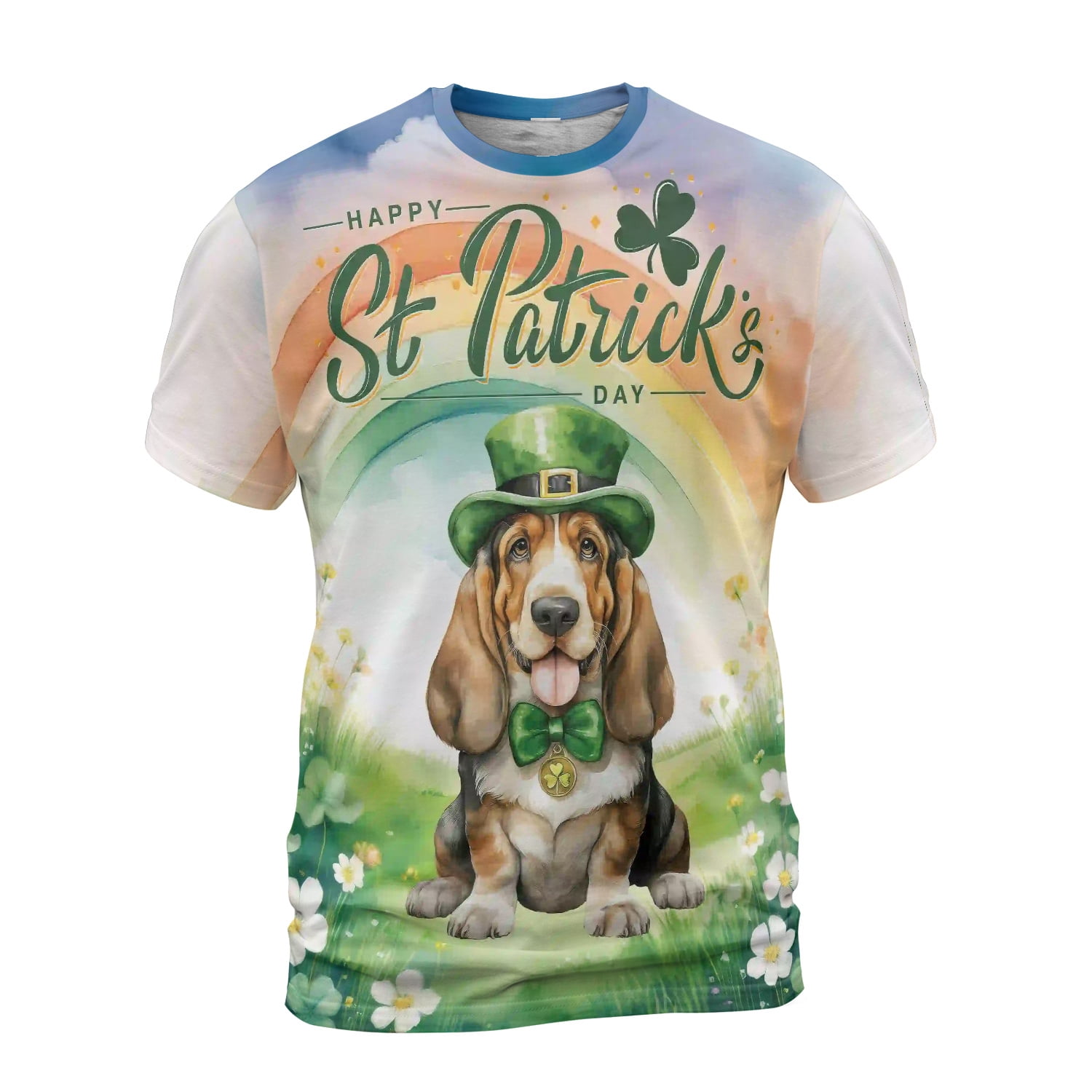 Happy St. Patrick’s Day Basset Hound with Green Hat Shamrocks Rainbow ...