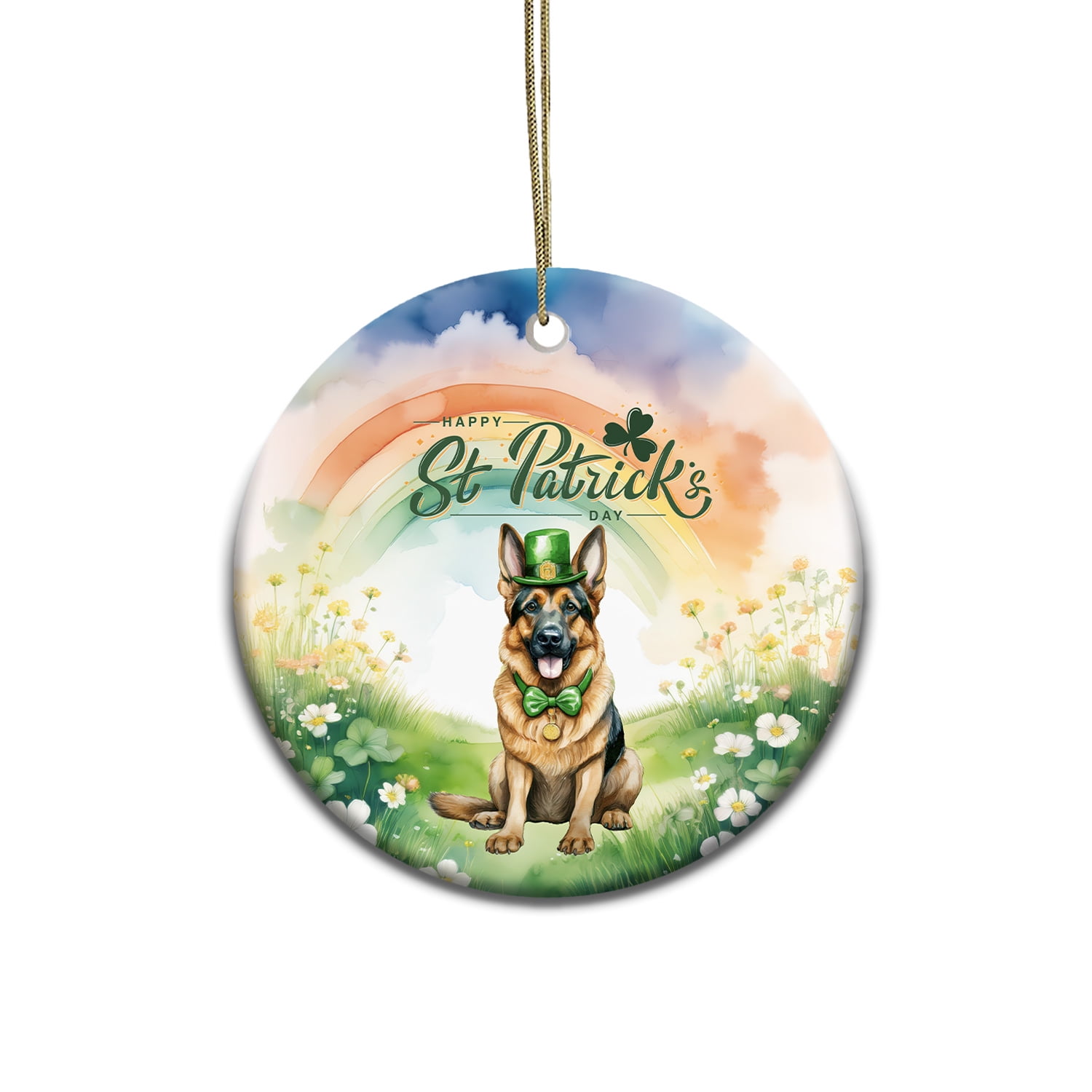Happy St. Patrick’s Day German Shepherd with Green Hat Shamrocks Rainbow Ceramic Round Ornament ...
