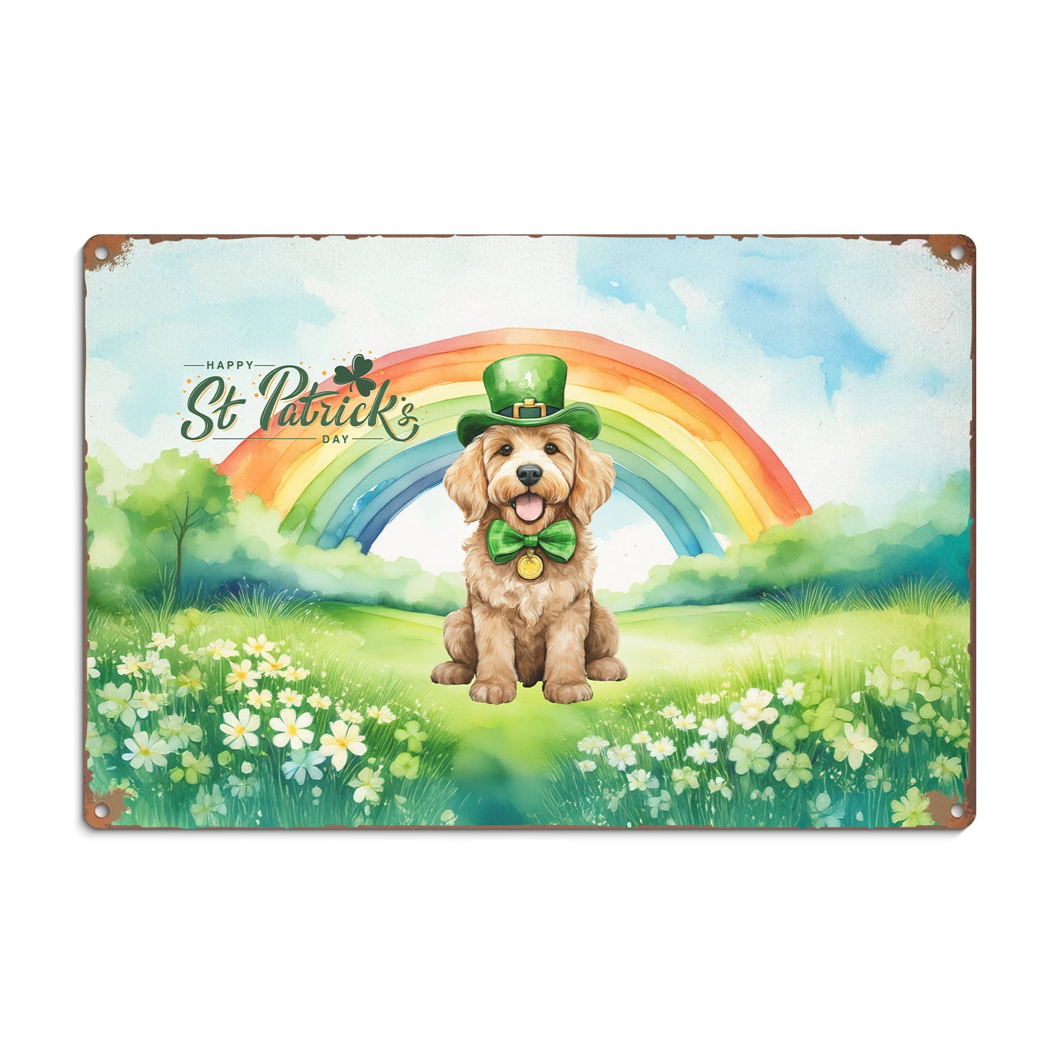 Happy St. Patrick’s Day Goldendoodle with Green Hat Shamrocks Rainbow ...