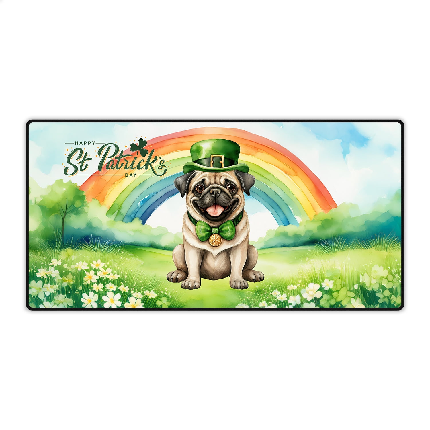 Happy St. Patrick’s Day Pug with Green Hat Shamrocks Rainbow Desk Mat ...