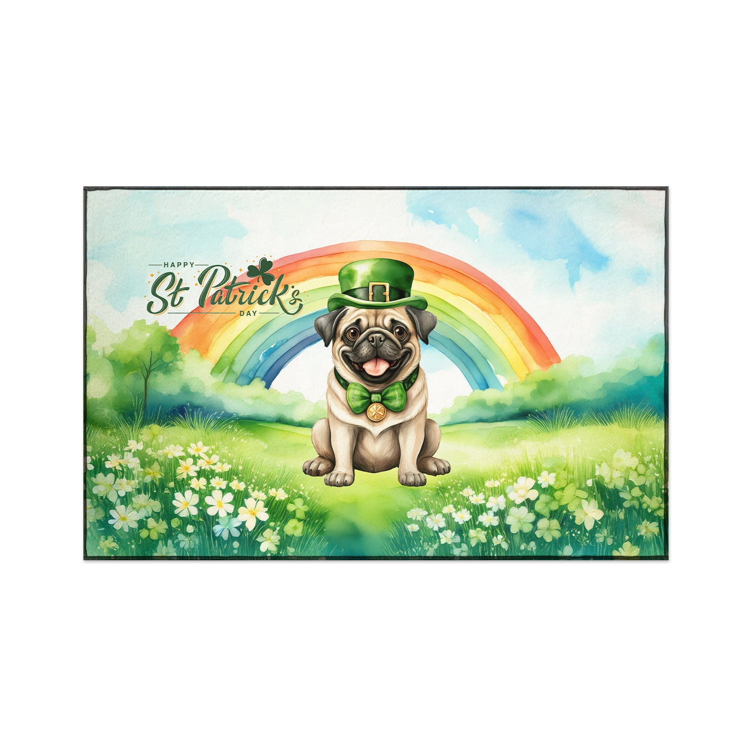 Happy St. Patrick’s Day Pug with Green Hat Shamrocks Rainbow Indoor Rug ...