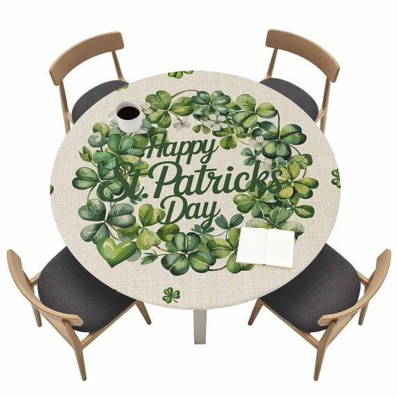 Happy St. Patrick's Day Round Fitted Tablecloth with Elastic Edge Green ...