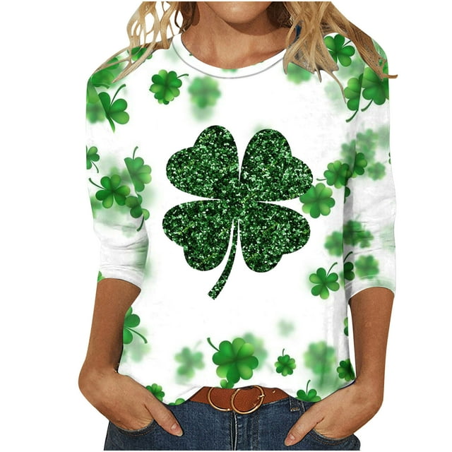 Happy St Patricks Day Shirts Women 2024 Plus Size Four Leaf Clover