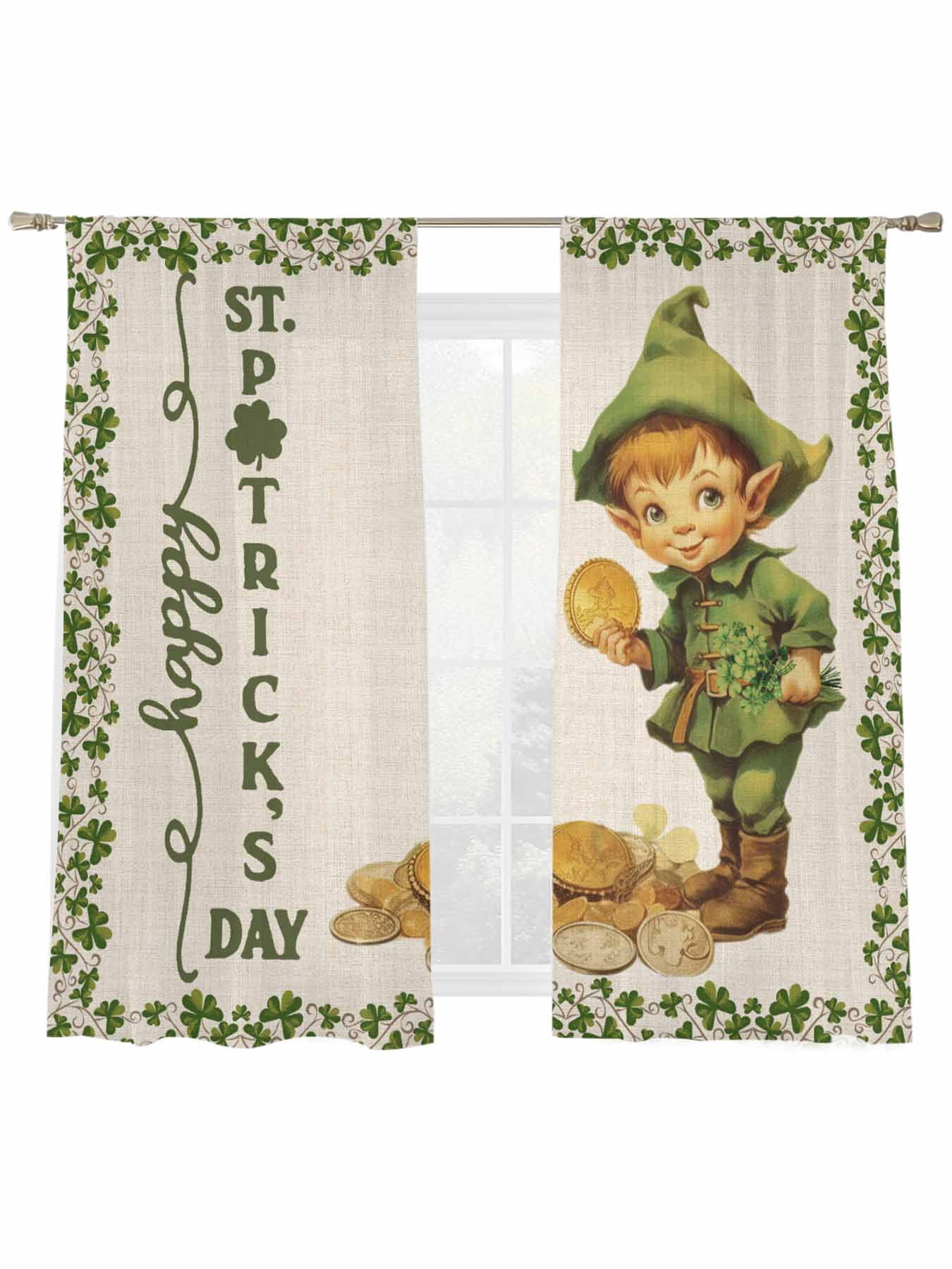 Happy St. Sheer Curtains 2 Panels Set Patrick's Day Retro Elves with ...