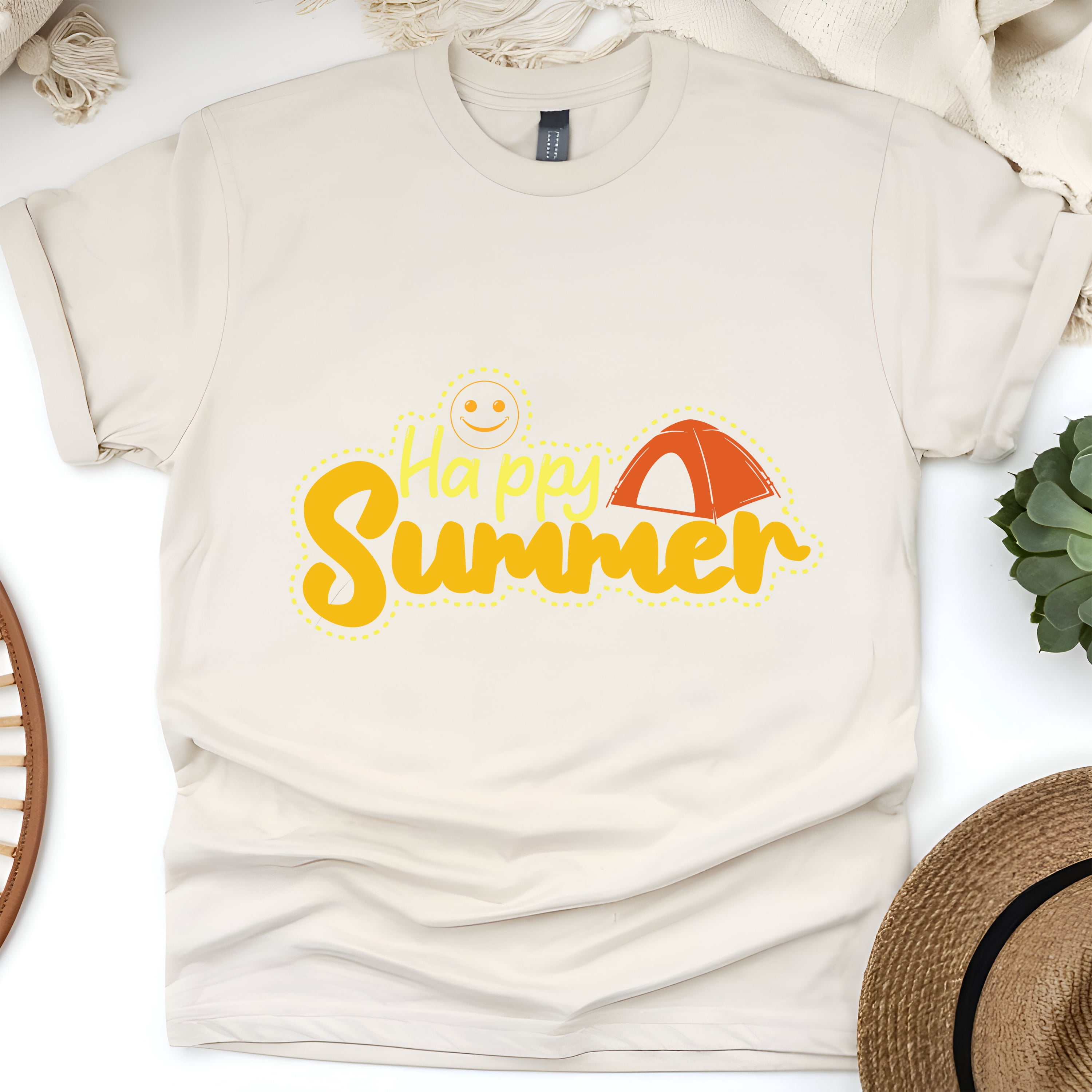 Happy Summer T-Shirt – Smiley Face Camping Tent Graphic Tee, Natural ...