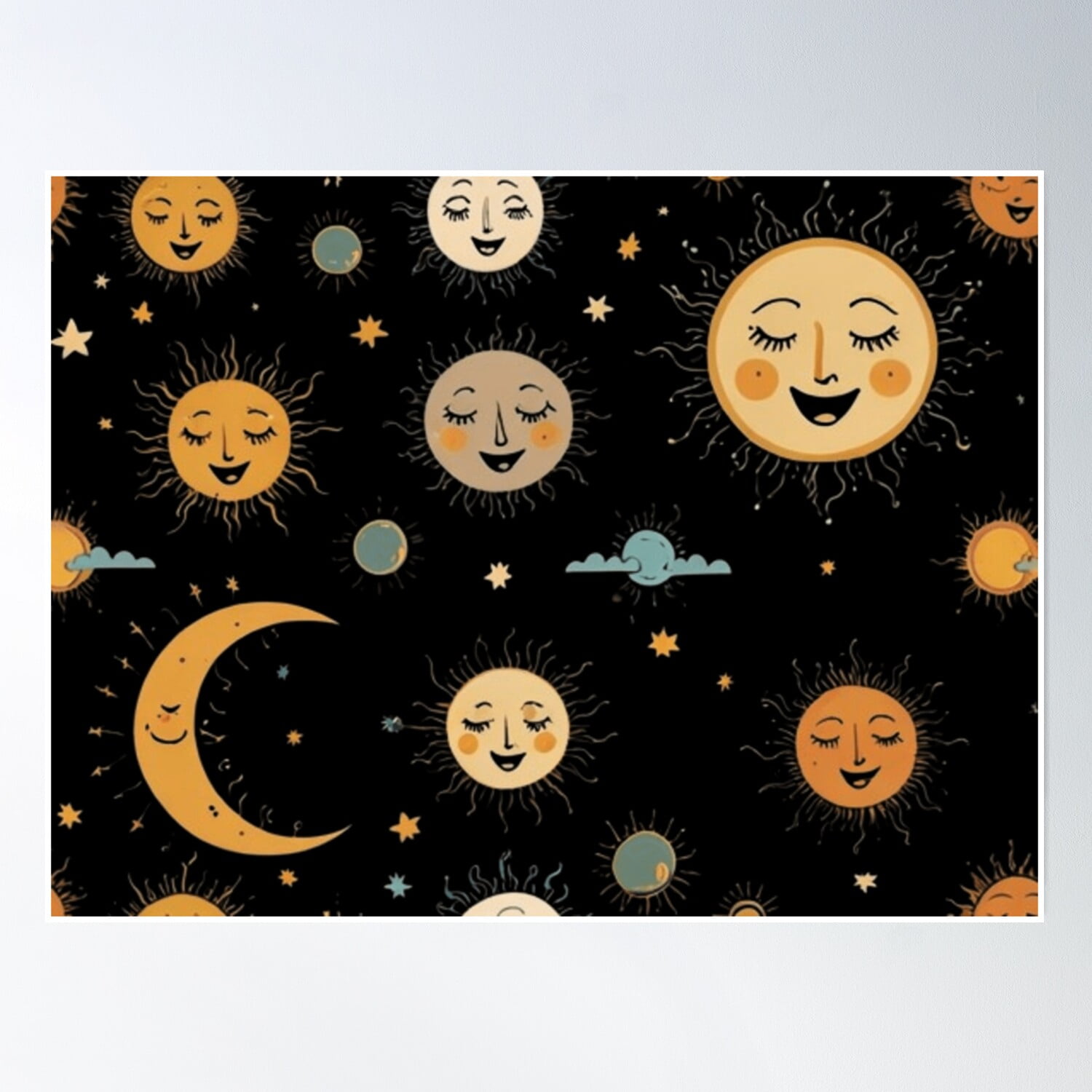 Happy Sun And Moon Pattern - Celestial Print Poster Wall Art, Modern ...