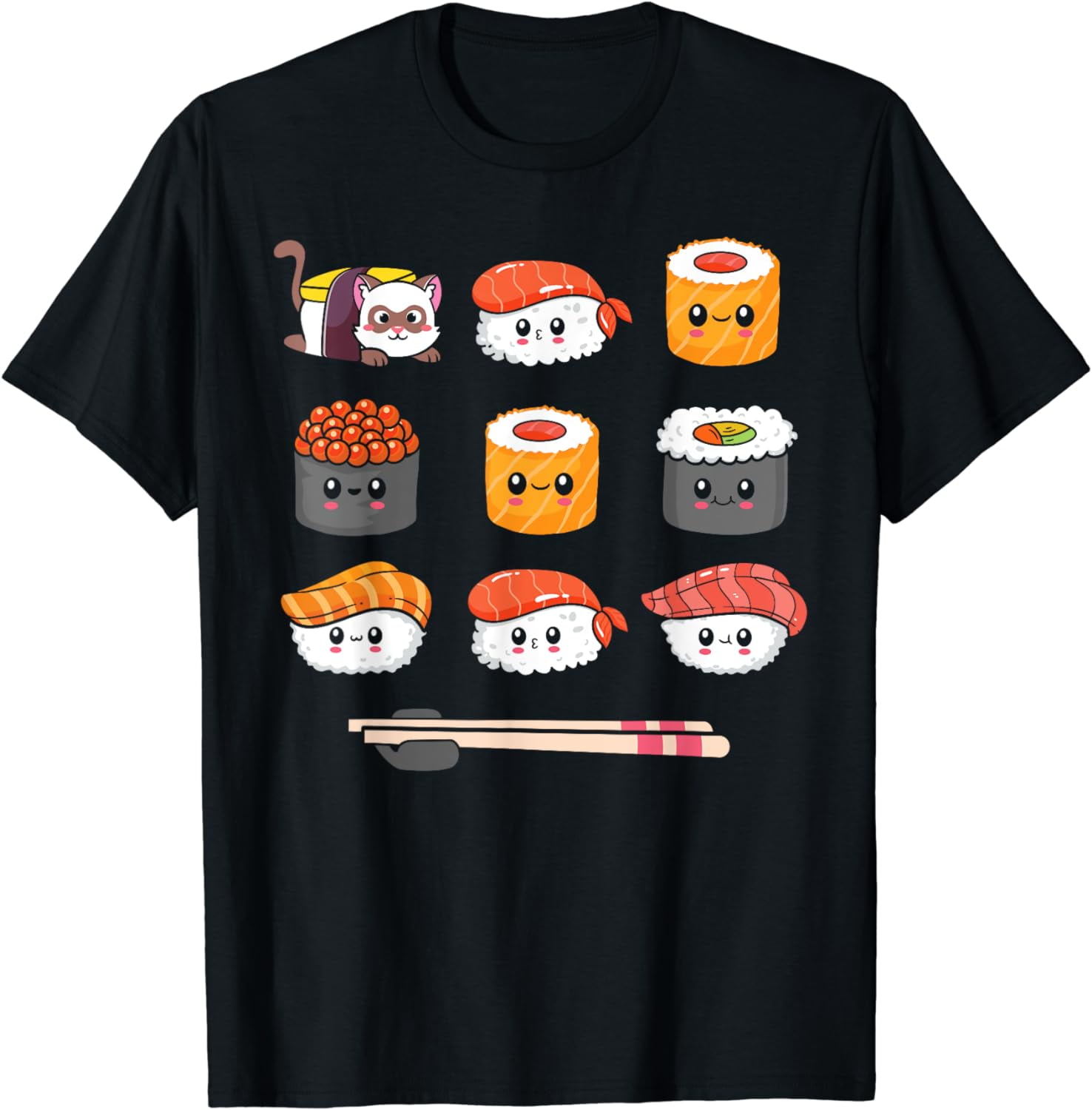 Happy Sushi Anime Kawaii Set Japanese Food Lover Cats Manga T-Shirt ...