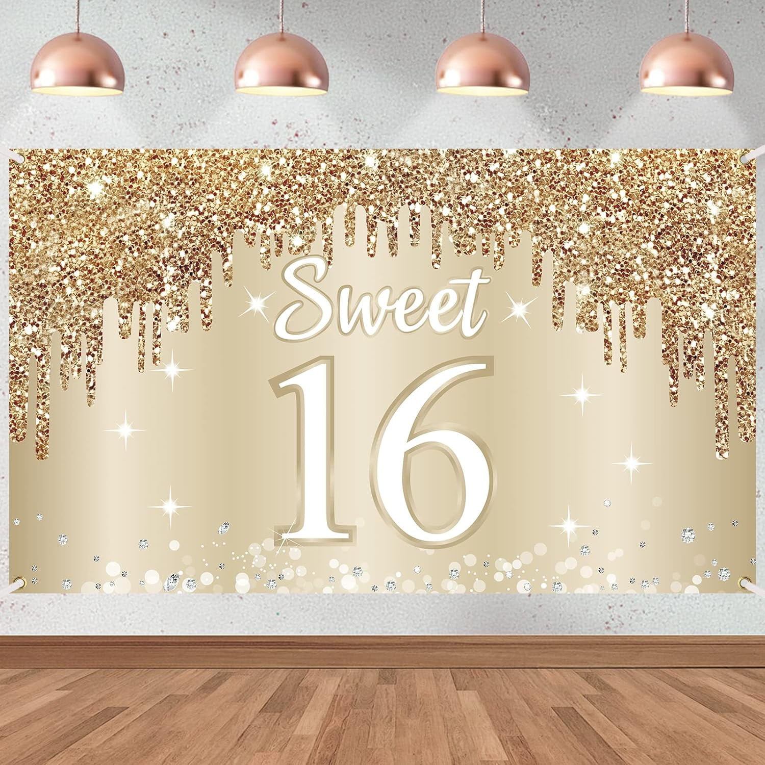 Happy Sweet 16th Birthday Banner Backdrop Decorations for Girls, Gold ...