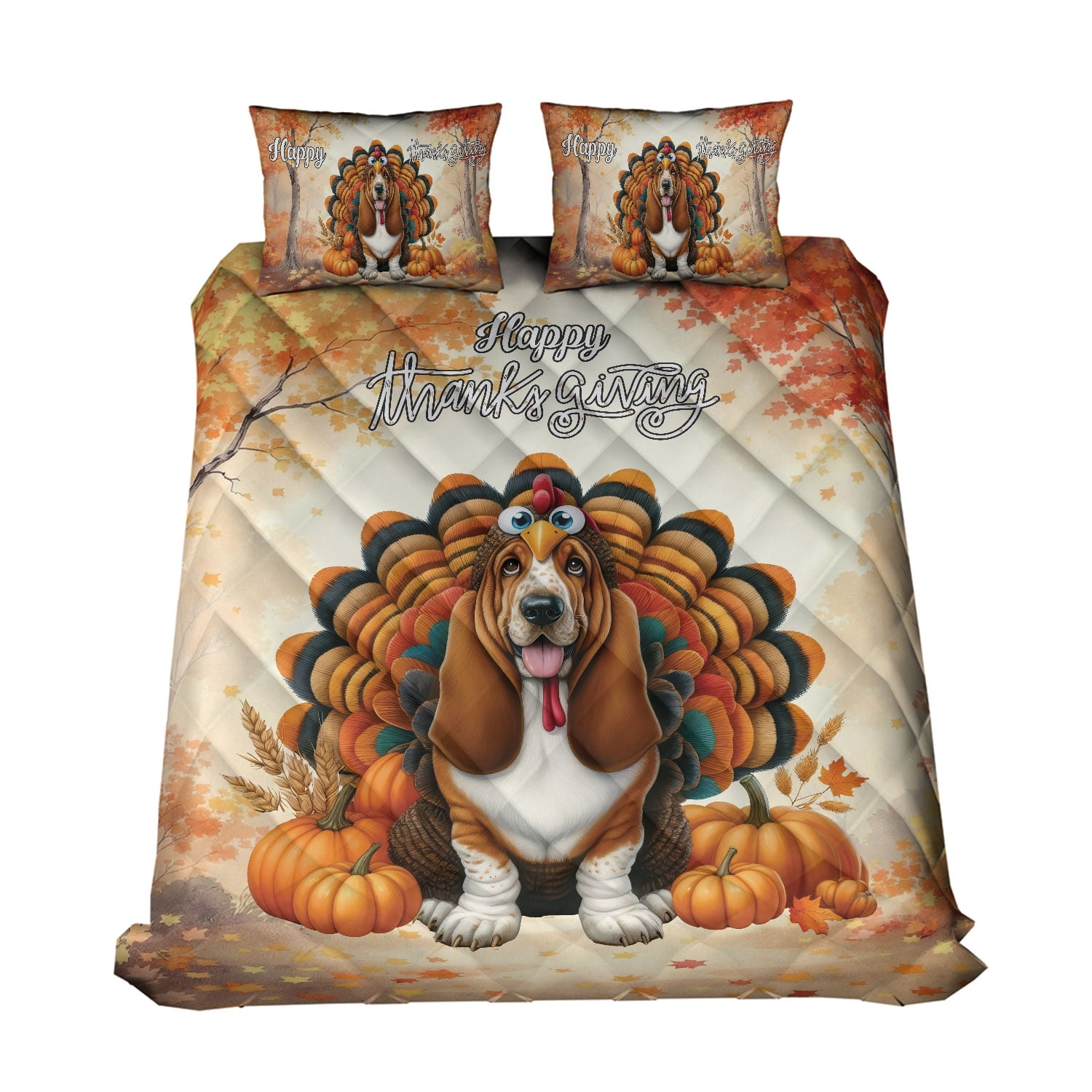 Happy Thanksgiving Basset Hound Turkey Costume Pumpkins Autumn Leaves ...