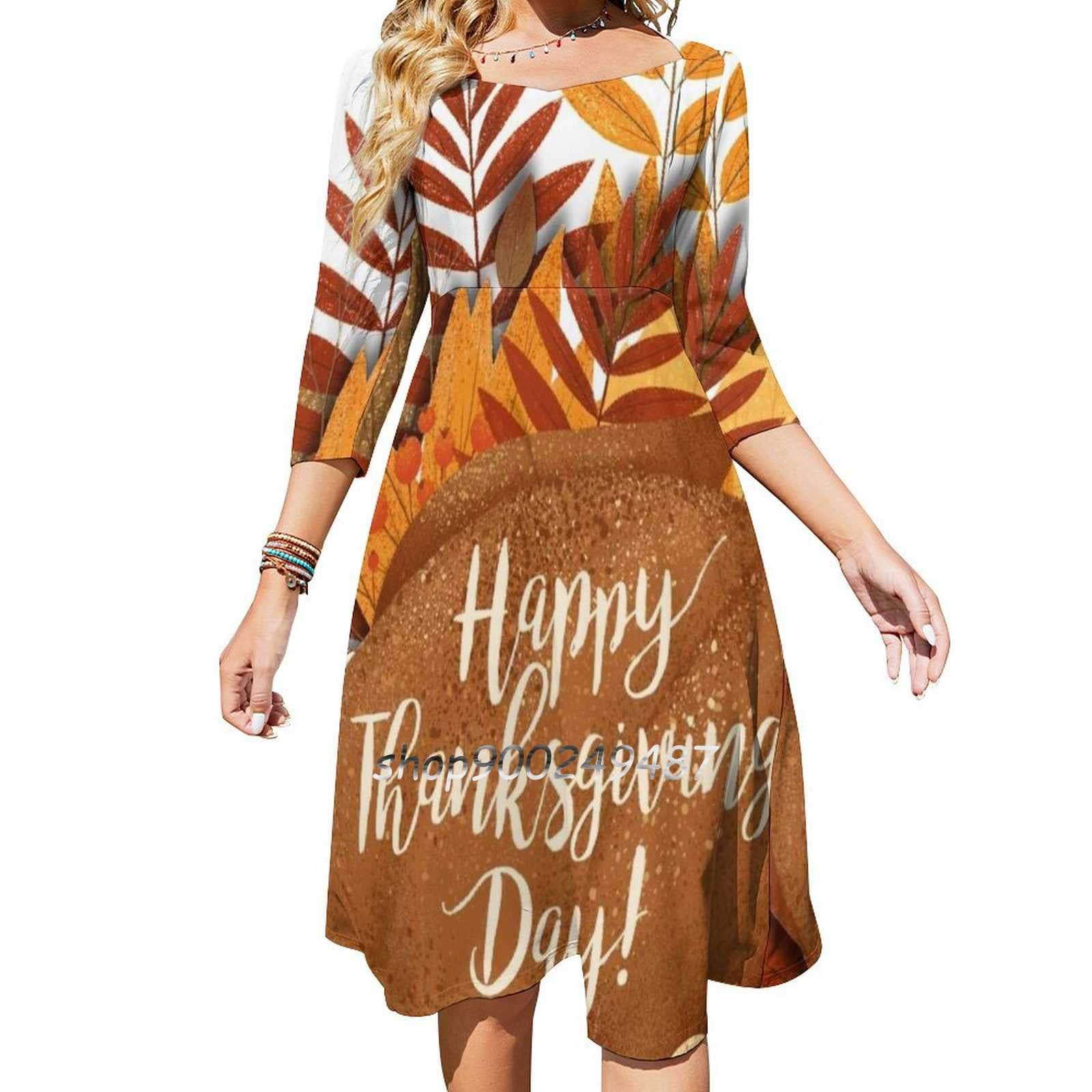 Happy Thanksgiving Day Flare Dress Square Neck Dress Elegant Female ...