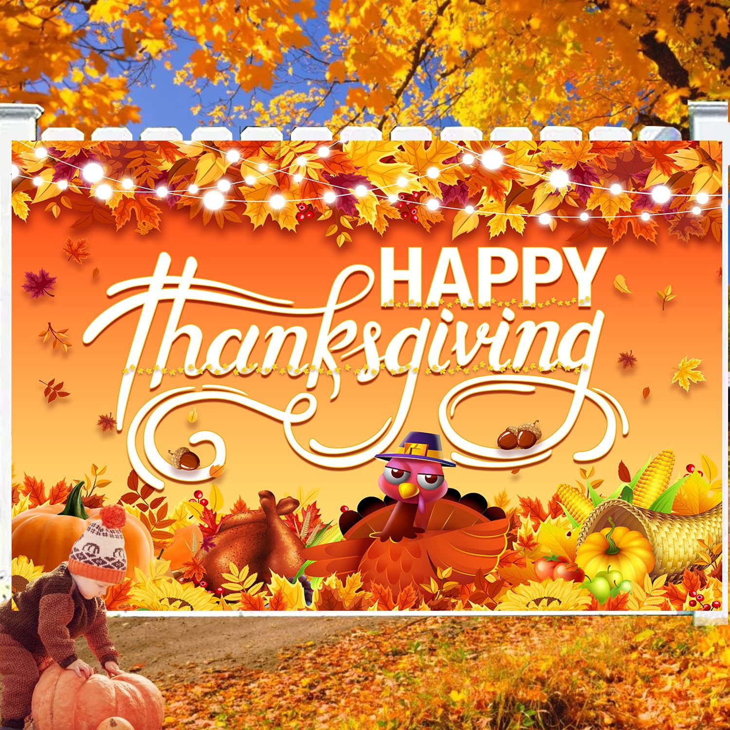Happy Thanksgiving Extra Large Banner Backdrop with Pumpkin Maple Leaf ...