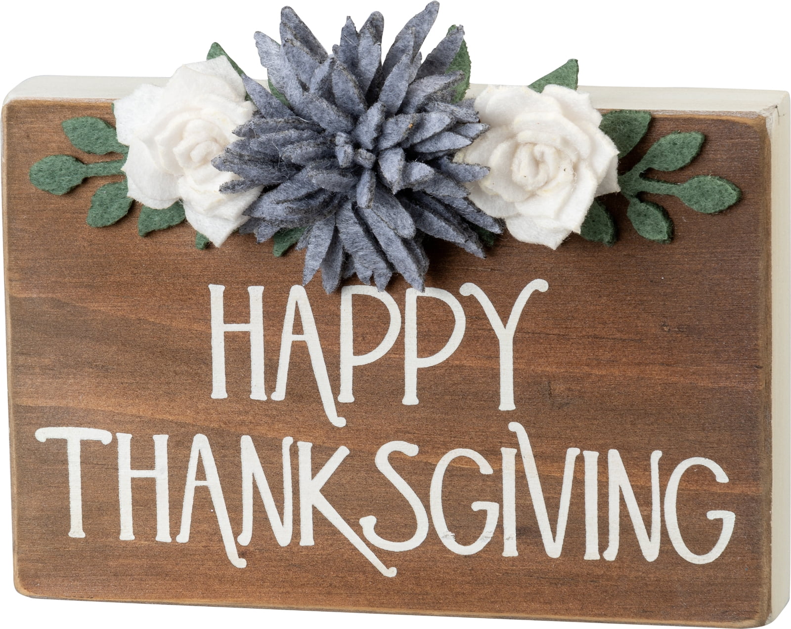 Happy Thanksgiving Gray and White Felt Flowers Block Sign Stained Wood ...