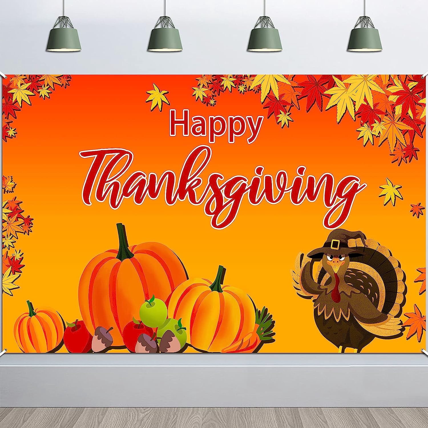 Happy Thanksgiving Photo Backdrop Sign Autumn Maple Leaves Pumpkin ...