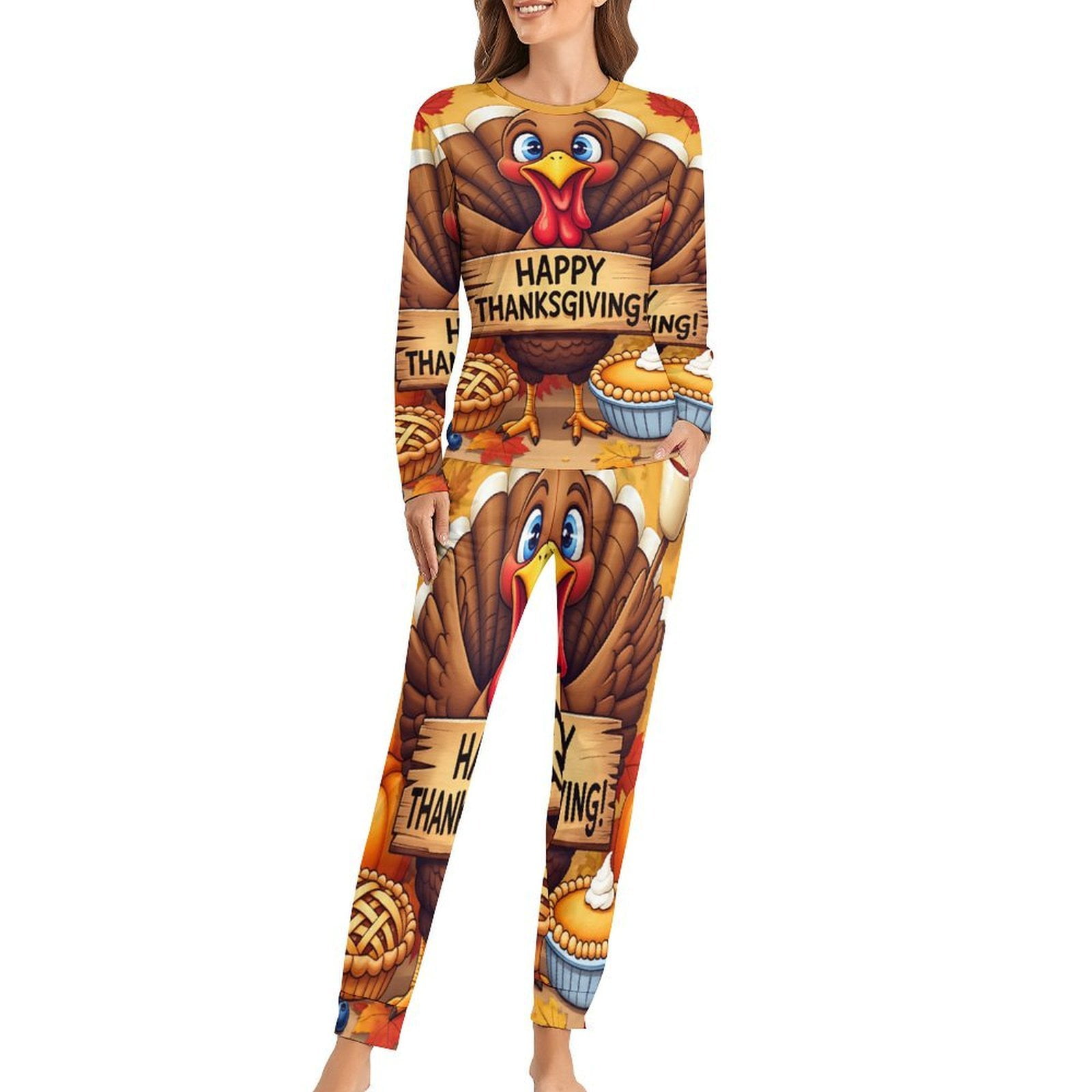 Happy Thanksgiving Pumpkin Turkey Pajamas Woman 2 Piece Vintage Pajamas ...