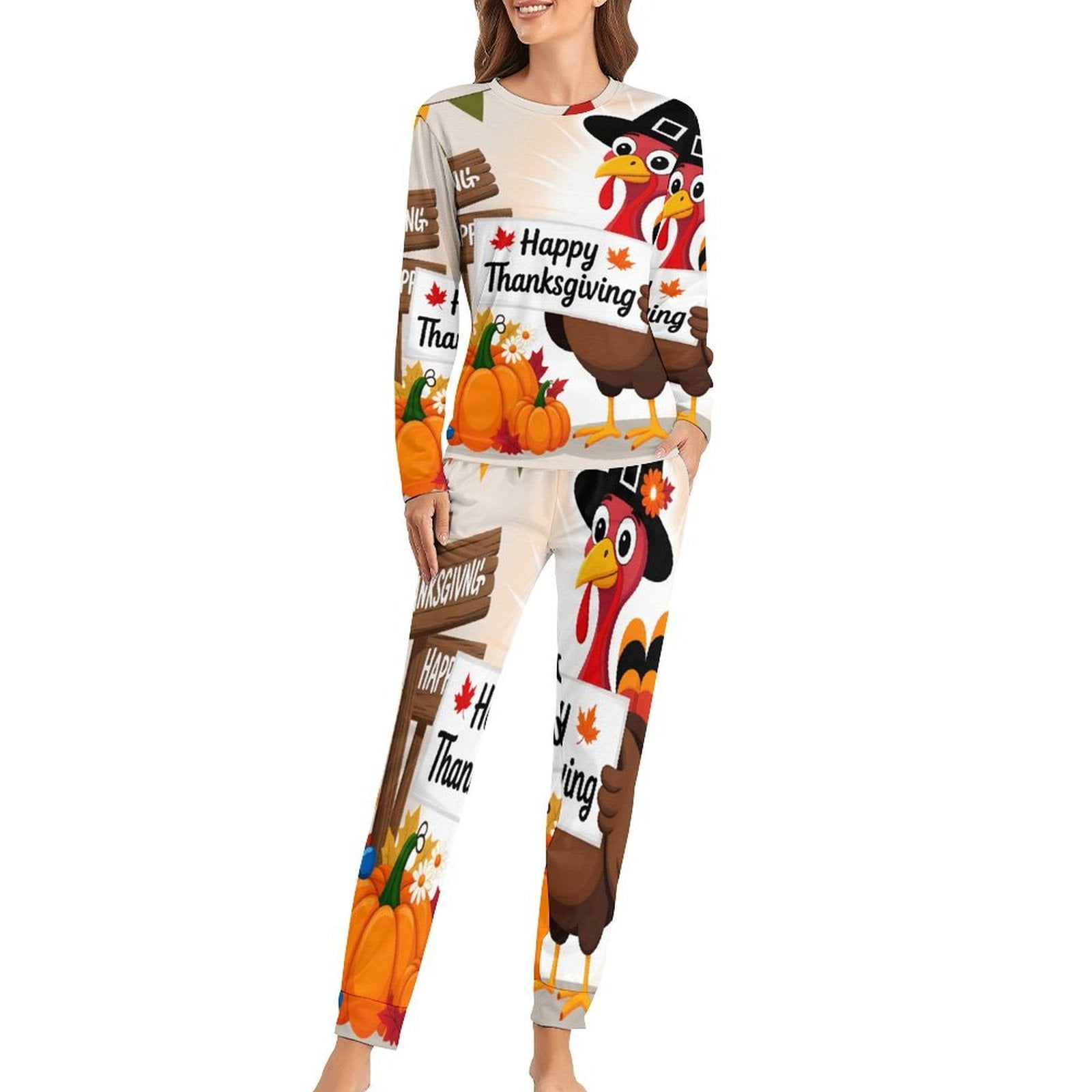 Happy Thanksgiving Pumpkin Turkey Pajamas Woman 2 Piece Vintage Pajamas ...