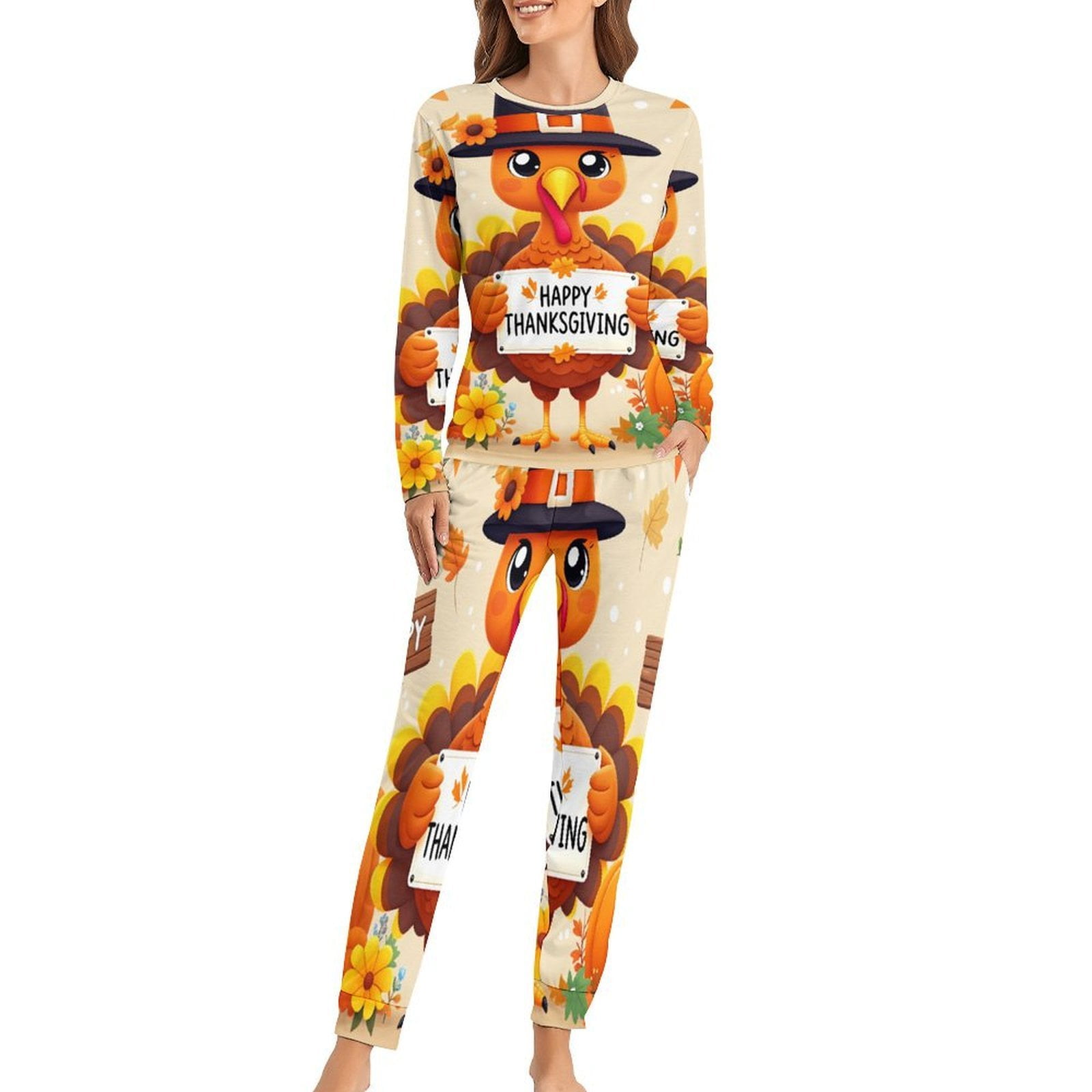 Happy Thanksgiving Pumpkin Turkey Pajamas Woman 2 Piece Vintage Pajamas ...