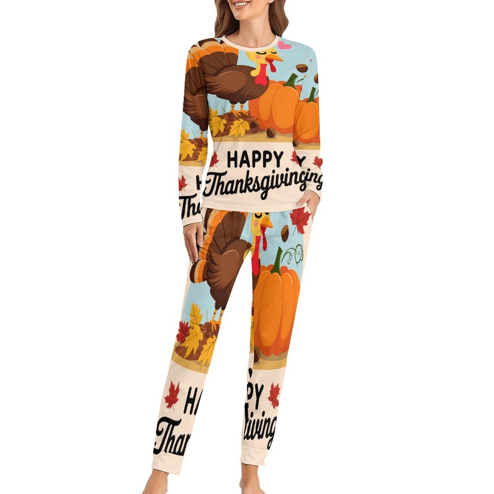 Happy Thanksgiving Pumpkin Turkey Printed Pajama Set for Couples, Women ...