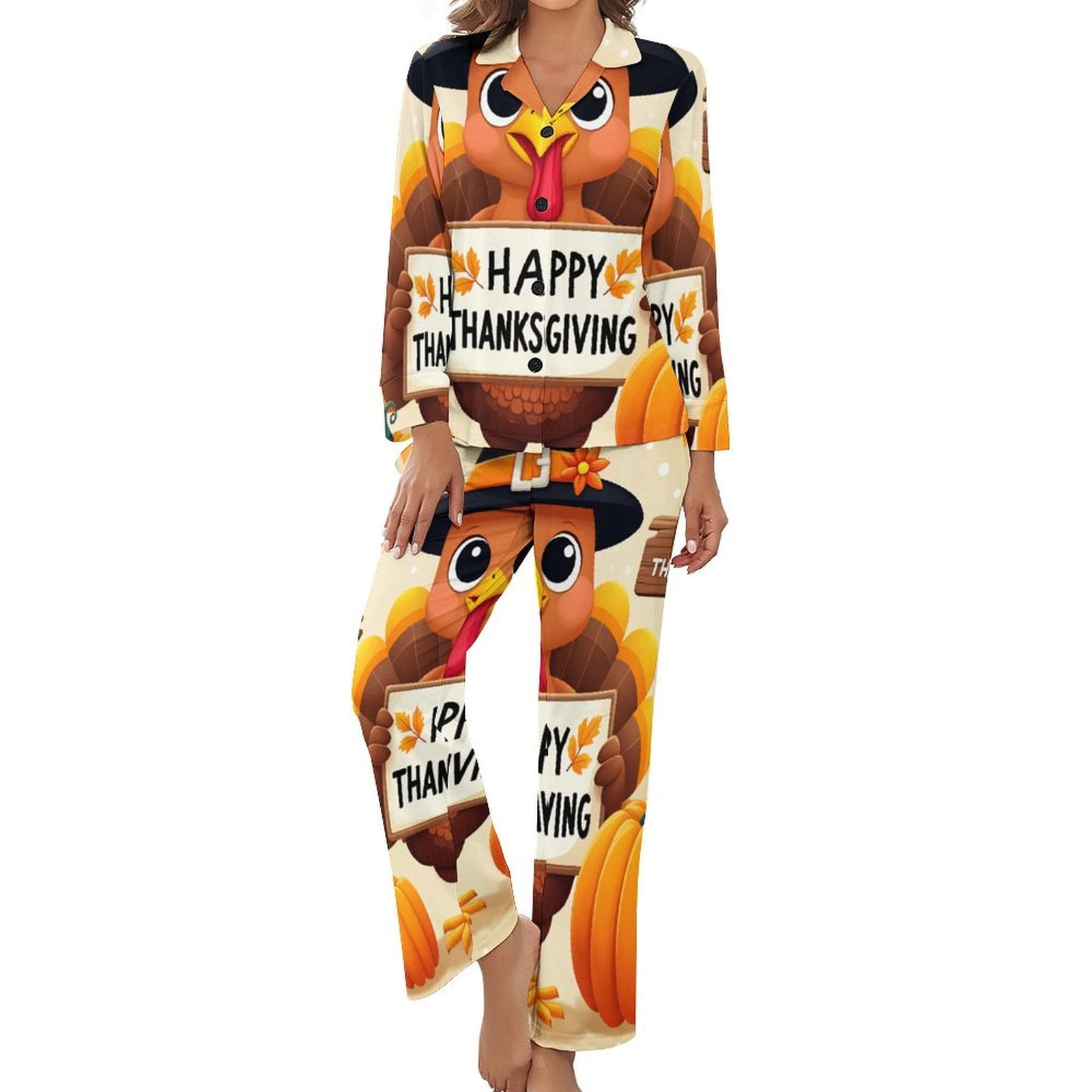 Happy Thanksgiving Pumpkin Turkey Printed Pajama Set for Couples, Women ...