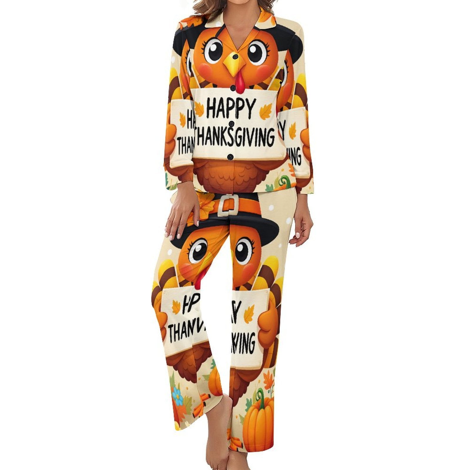 Happy Thanksgiving Pumpkin Turkey Printed Pajama Set for Couples, Women ...