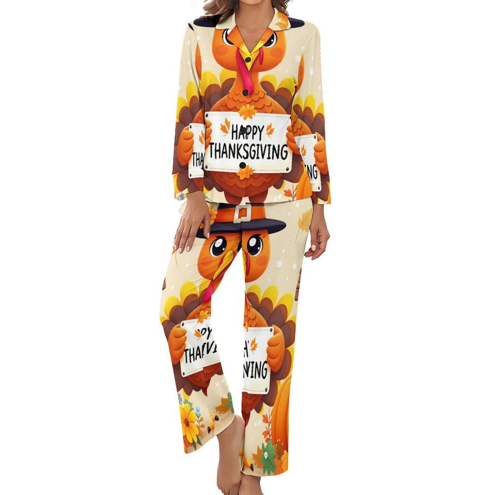 Happy Thanksgiving Pumpkin Turkey Printed Pajama Set for Couples, Women ...