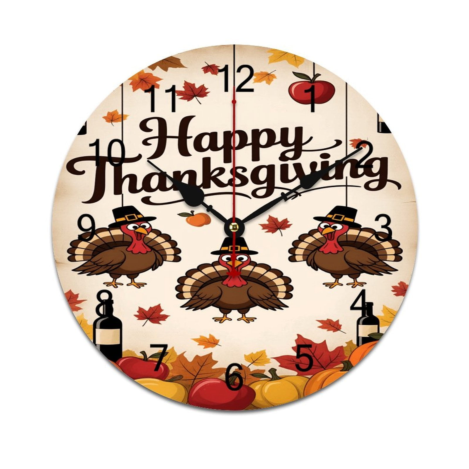 Happy Thanksgiving Pumpkin Turkey Printed Silent Wall Clock Round ...
