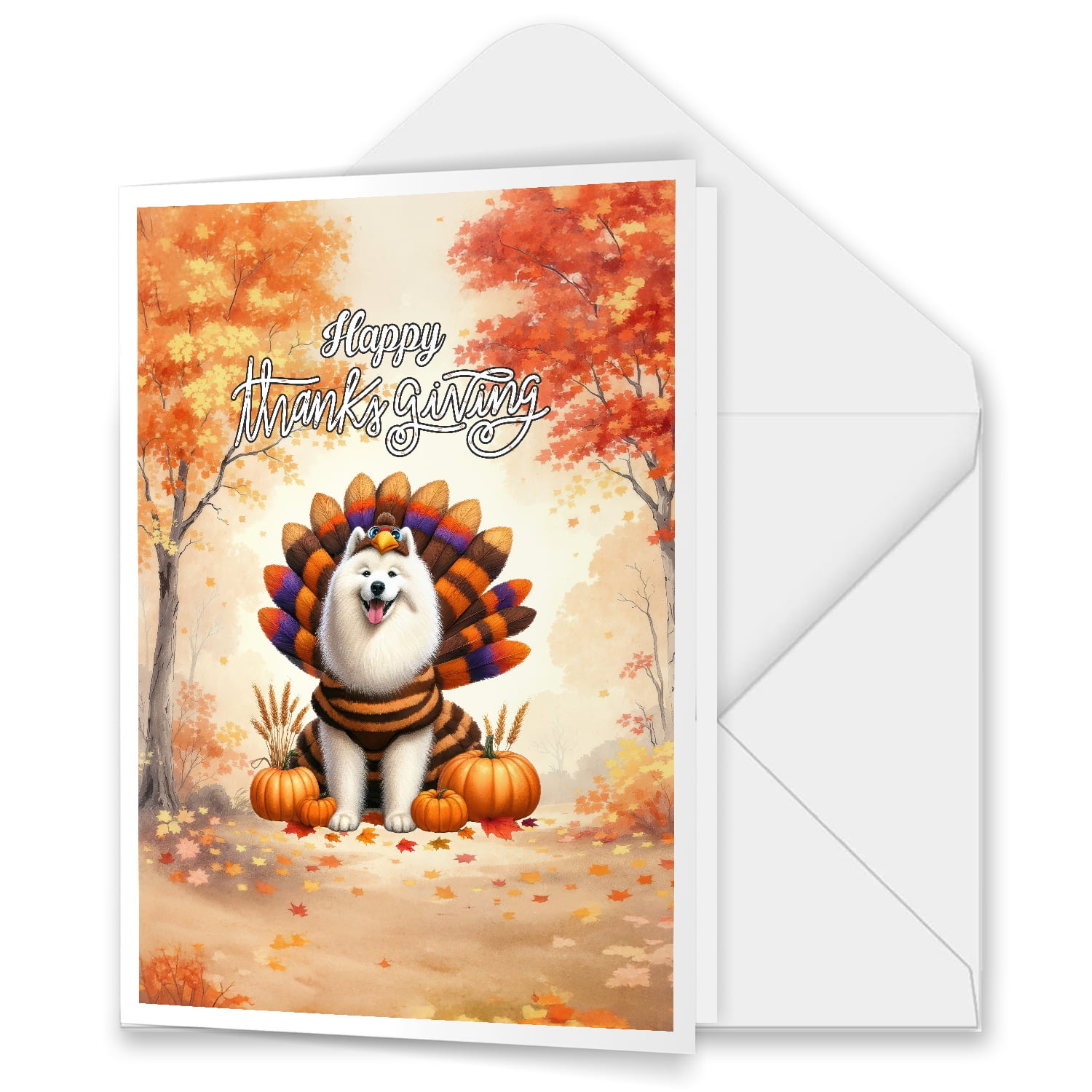 Happy Thanksgiving Samoyed Turkey Costume Pumpkins Autumn Leaves 5x7in ...