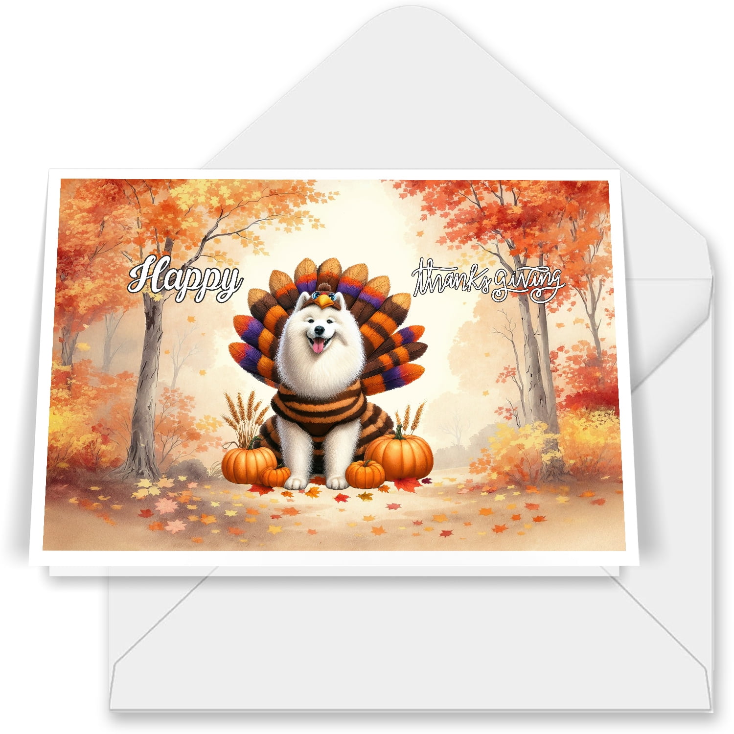 Happy Thanksgiving Samoyed Turkey Costume Pumpkins Autumn Leaves 7x5in ...