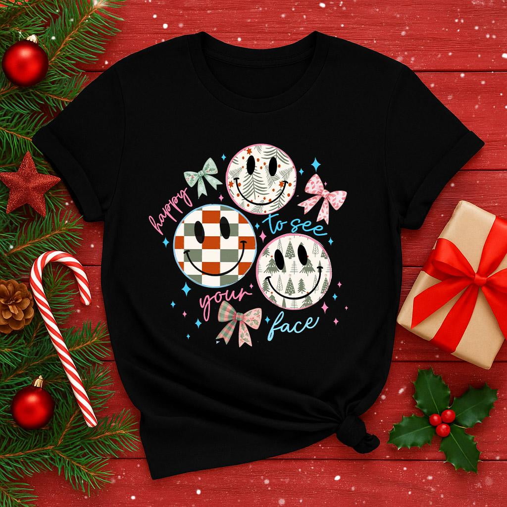 Happy To See Your Face Shirt, Cute Smiley Face Sweater, Plaid Bow ...