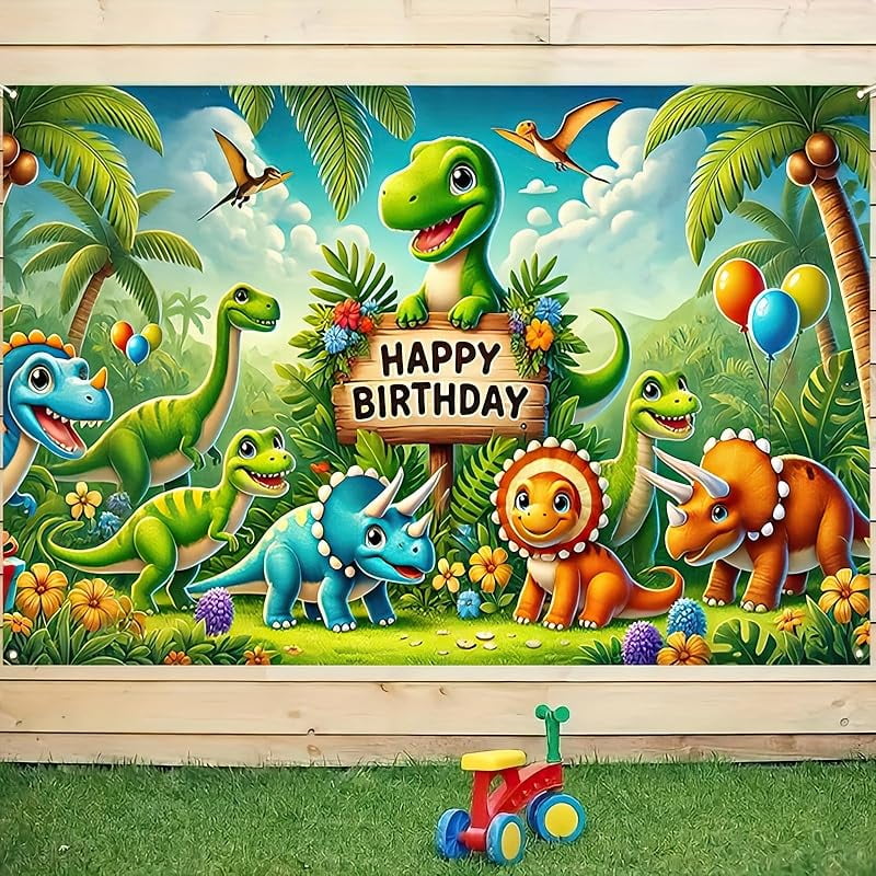 Happy Tropical Jungle Birthday Party Backdrop Dinosaur Backdrop Boys ...