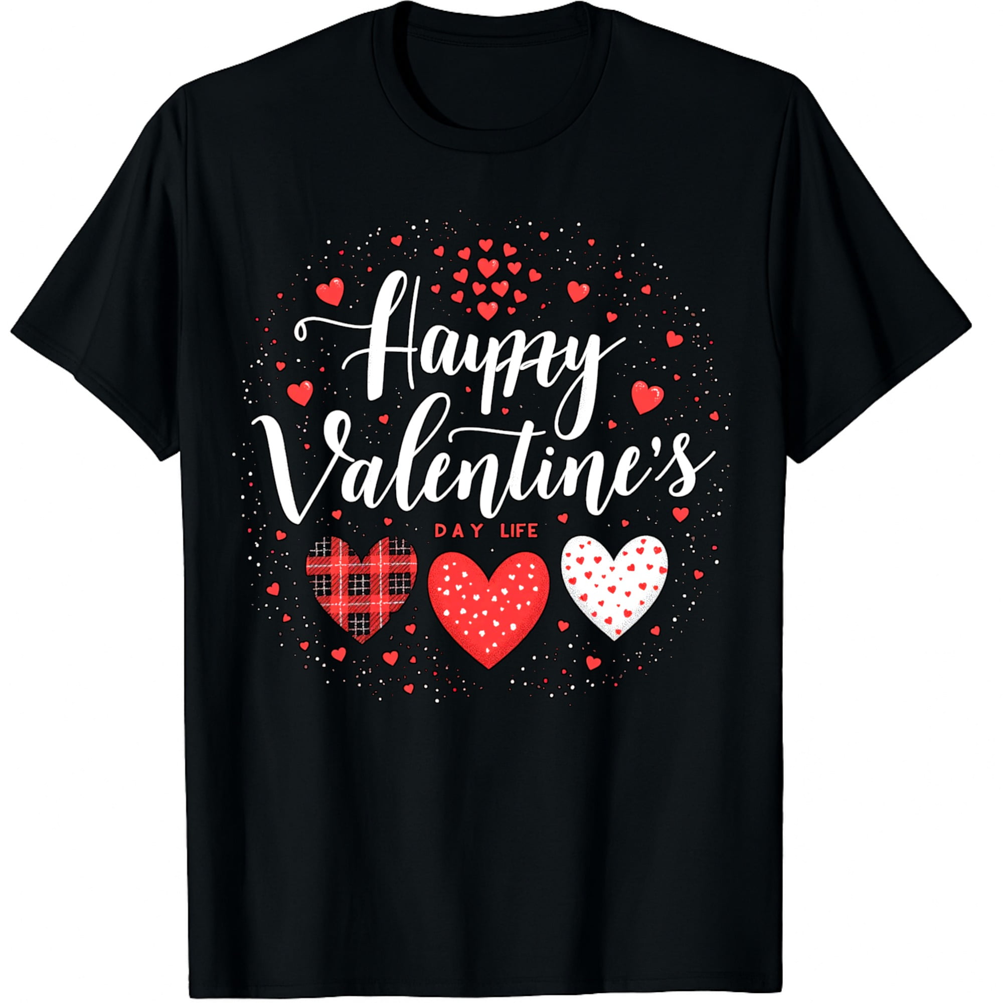 Happy Valentine Cute Heart Plaid Leopard Graphic Crew Neck Short Sleeve ...
