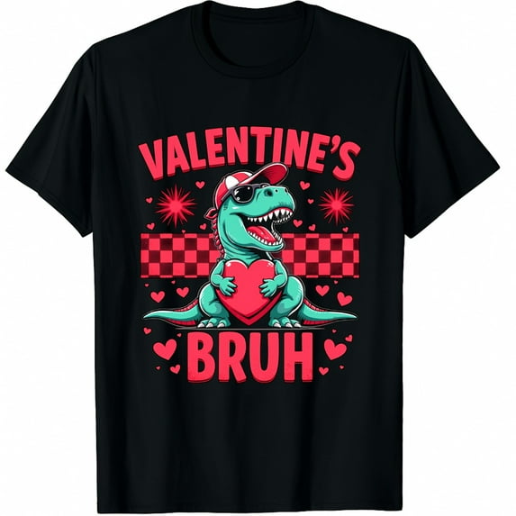 Happy Valentine's Bruh Funny Dinosaur Valentine Graphic Crew Neck Short ...