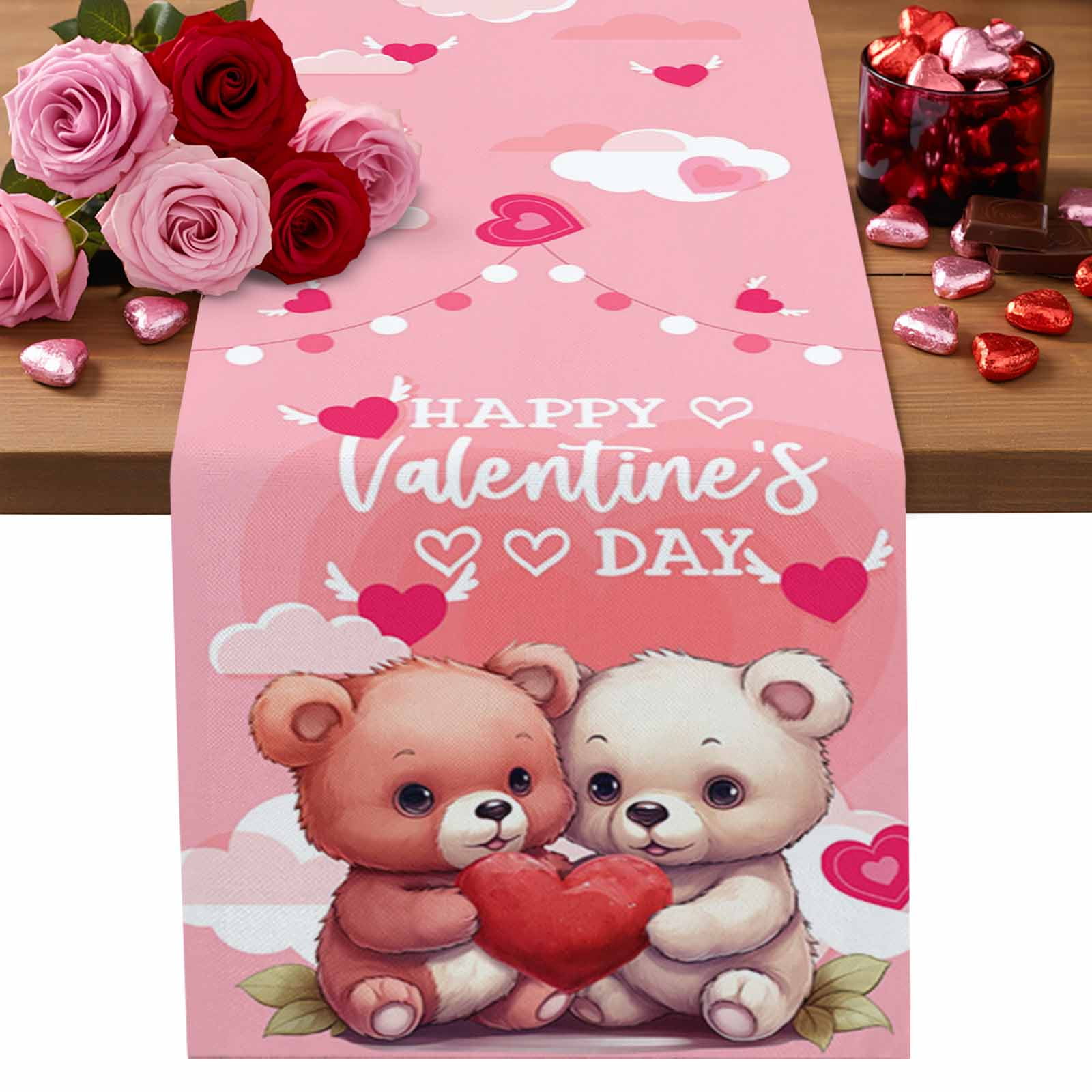 Happy Valentine's Cotton Linen Table Runner Day Bears Snuggling Up with ...