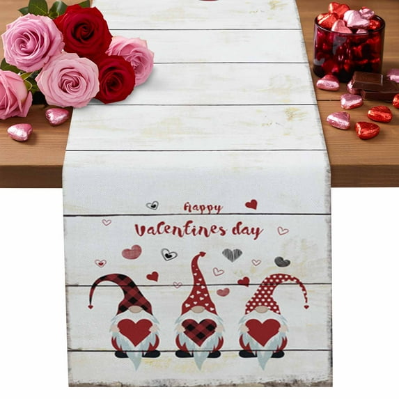 Happy Valentine's Cotton Linen Table Runner Day Gnomes Love Heart on ...